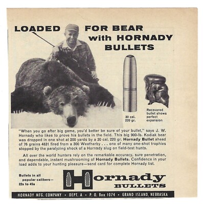1958 Hornady Bullets Loaded for Bear Popular Calibers Hunting Vintage Print Ad | eBay