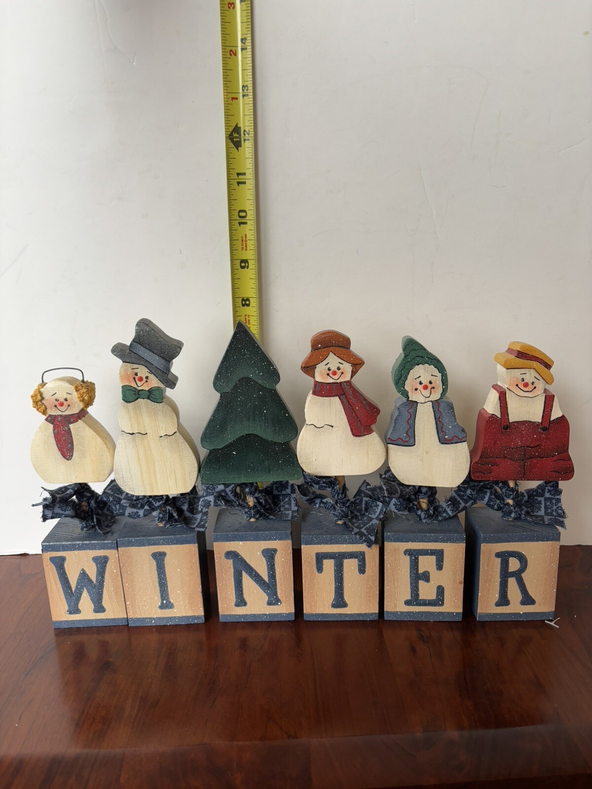 WINTER 6 Piece Primitive Folk Art Wood Snowman Block Set Spell Out ...