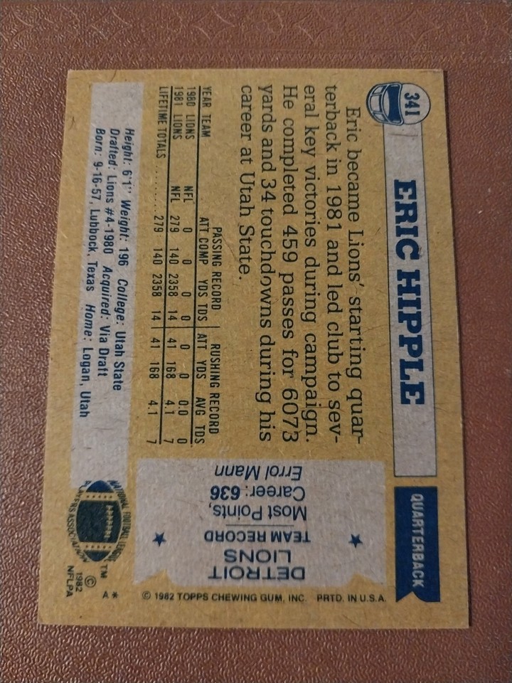 1982 ERIC HIPPLE TOPPS NFL ROOKIE CARD RC #341 DETROIT LIONS UTAH ST ...