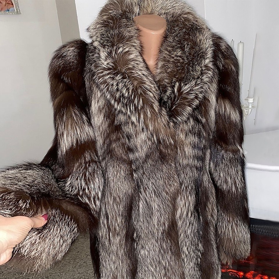 Women Real Silver Fox Fur Coat Genuine Full Pelt Lapel Jacket Warm ...
