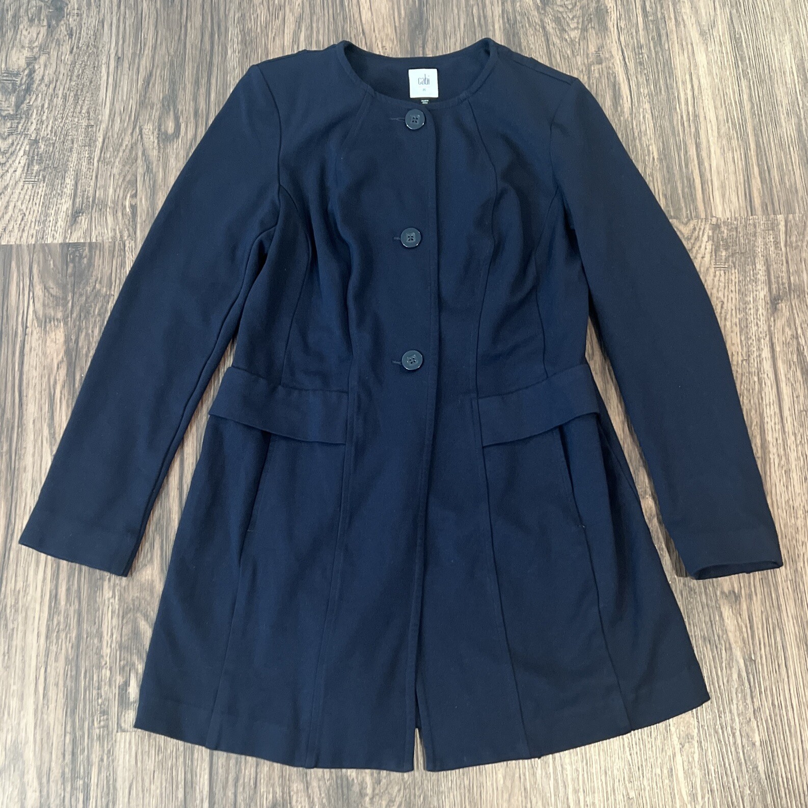 CABi Lido Thick Ponte Knit Jacket Size M Button Front Navy Blue Long ...