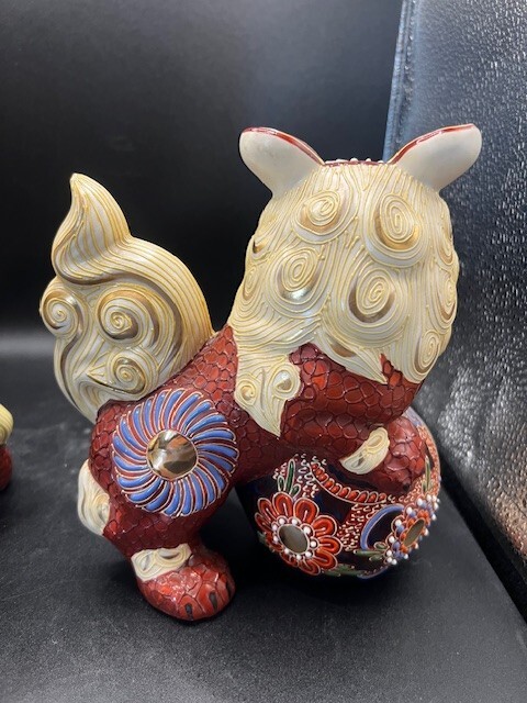 Pair 7.25" Tall Antique Foo Dog Shisa Fu Guardian Lions Japanese Red ...