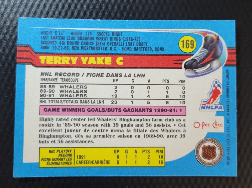 1991-92 O-Pee-Chee TERRY YAKE Hartford Whalers Hockey NHL Card #169 | eBay