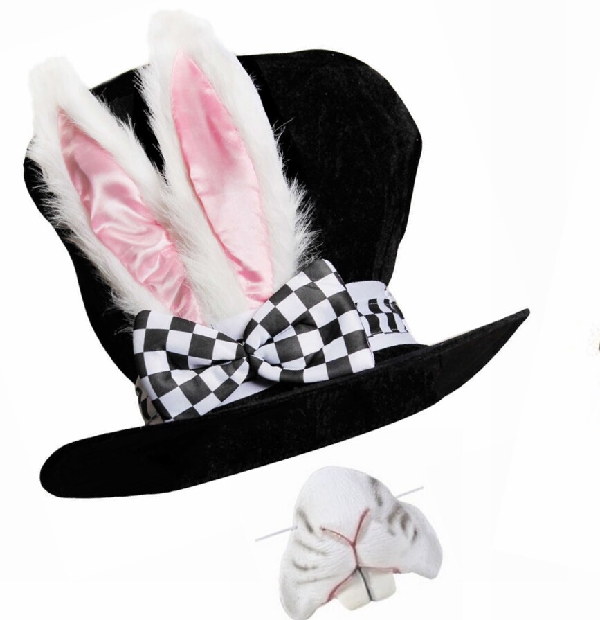 ADULTS DELUXE BLACK TOP HAT BUNNY EARS WHITE RABBIT NOSE INFLATABLE ...