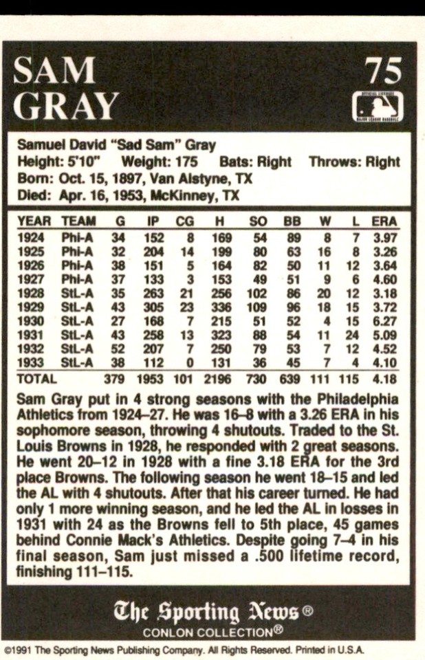 1991 The Sporting News Conlon Collection Sam Gray Baseball Cards #75 | eBay