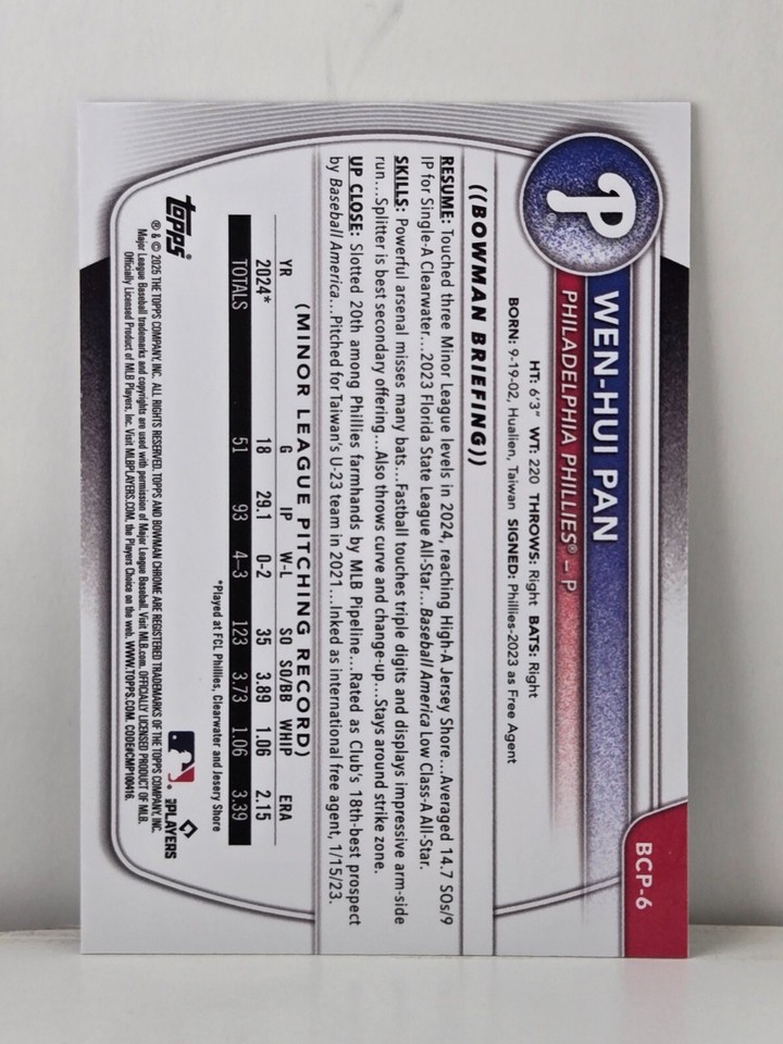 2025 Bowman Wen-Hui Pan Chrome Prospect #BCP-6 Philadelphia Phillies | eBay