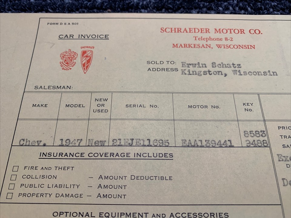 Vtg 1947 Chevrolet New Auto Dealer Sales Receipt Car Dealership Invoice ...