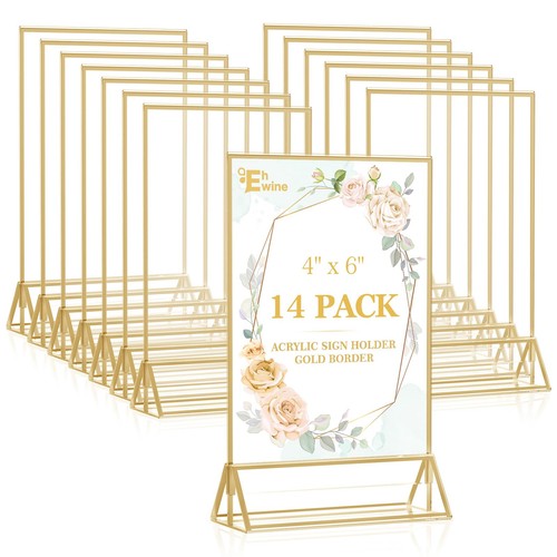 14 Pack 4×6 Clear Acrylic Sign Holder with Gold Borders and Vertical ...