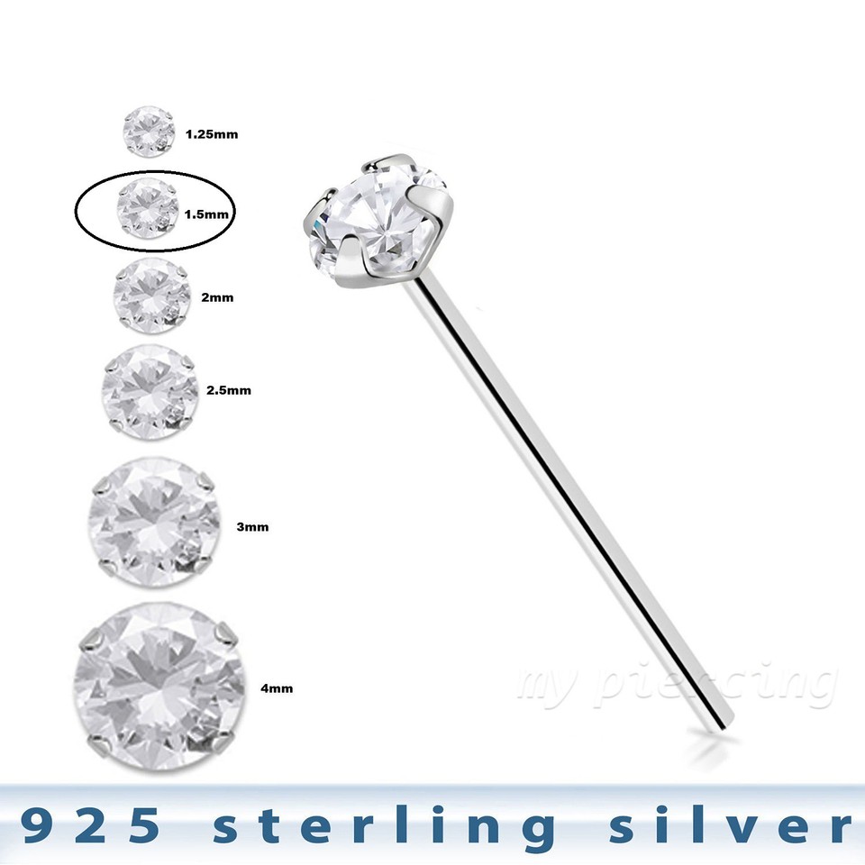 5 Pack 22G 1.5mm CZ Prong Set .925 Sterling Silver Straight Nose Ring ...