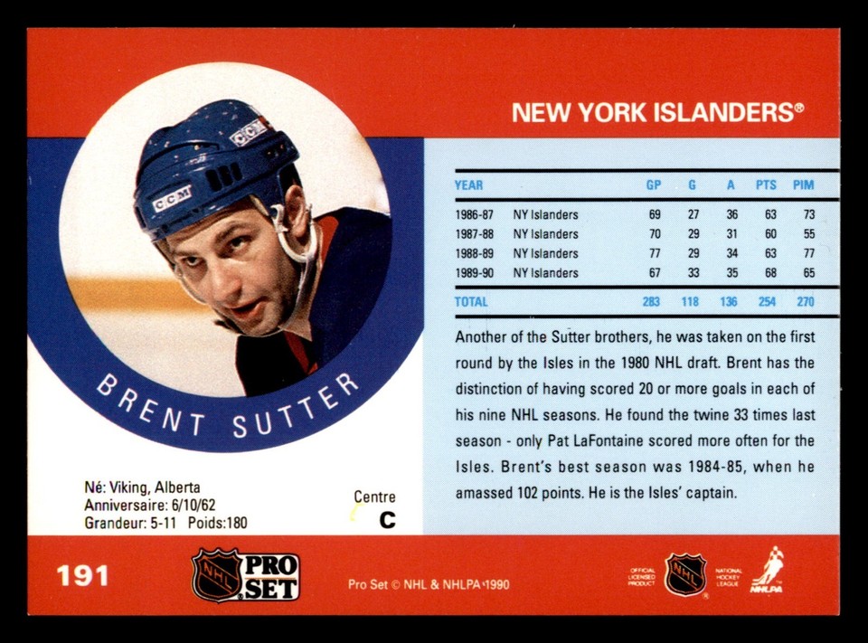 191 Brent Sutter 21 Islanders 1990 Pro Set Hockey Sports Trading Card ...
