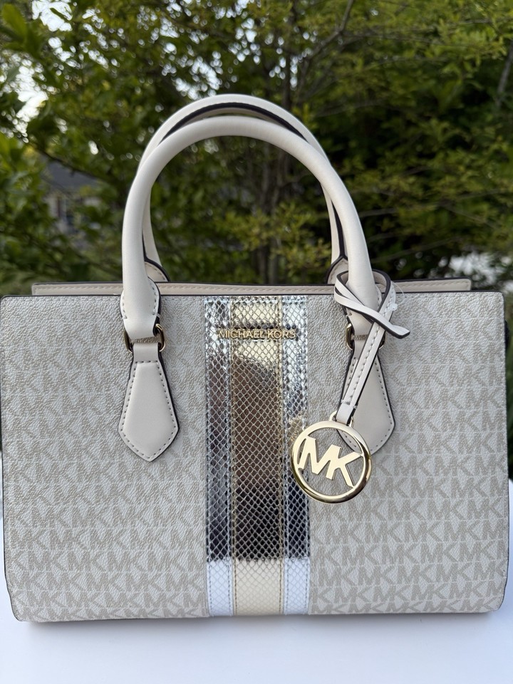Michael Kors Sheila Medium Leather Satchel Pale Gold Mk Logo Crossbody ...
