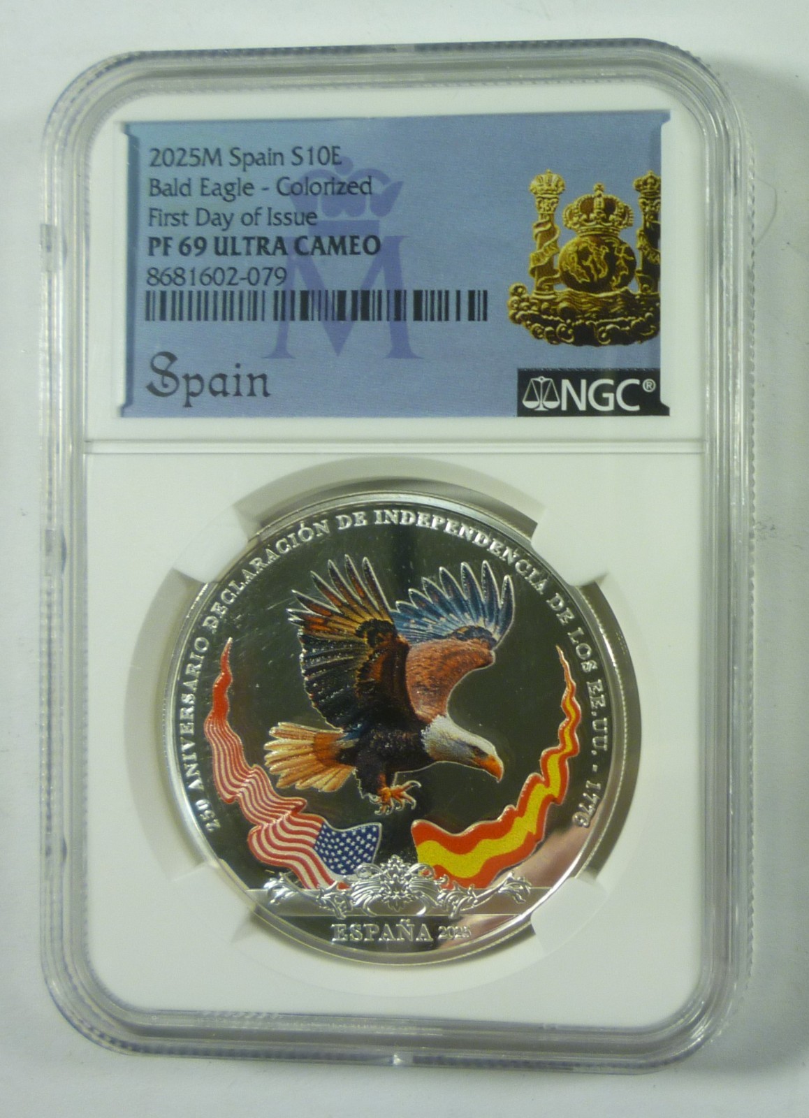 Spain 2025 M S10E SILVER PROOF Bald Eagle Colorized NGC PF69 Ultra ...