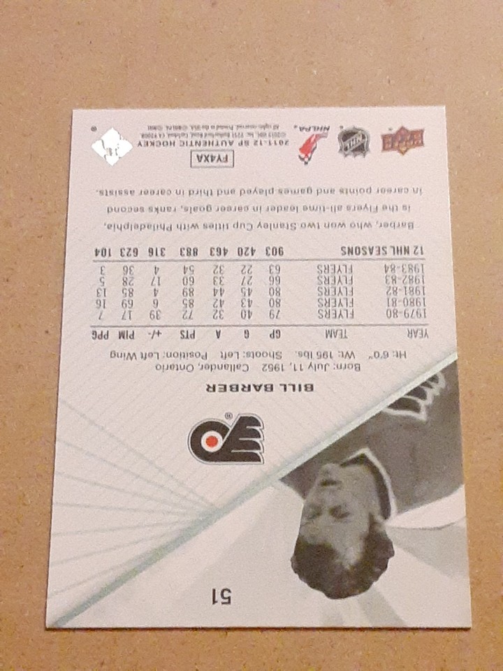 Bill Barber Philadelphia Flyers 2011-12 SP Authentic #51 NHL Hockey ...