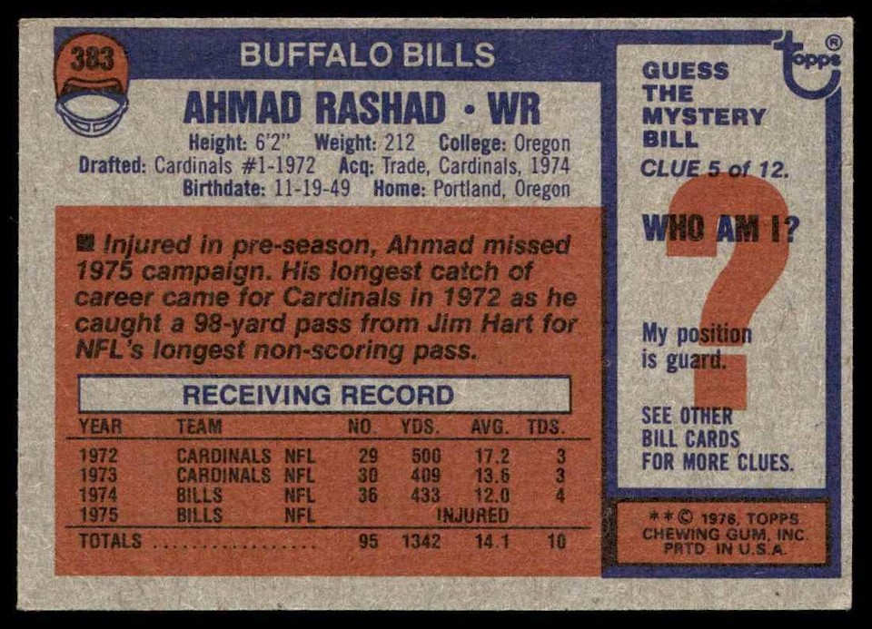 1976 Topps EX Ahmad Rashad Buffalo Bills #383 | eBay