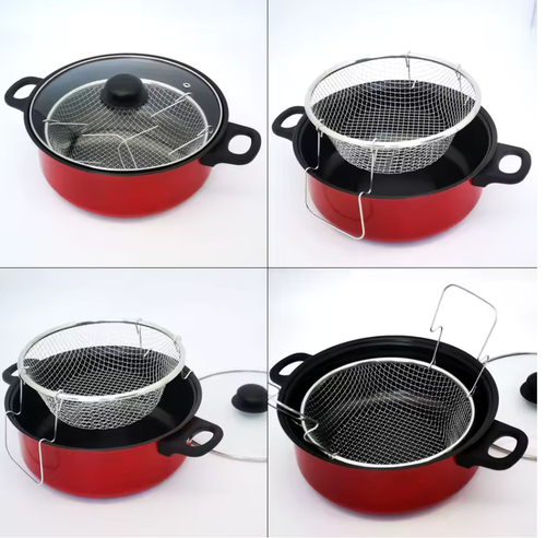 🔥 26cm Non Stick Chip Pan Deep Fat Fryer Cooking Pot Frying Basket Lid ...