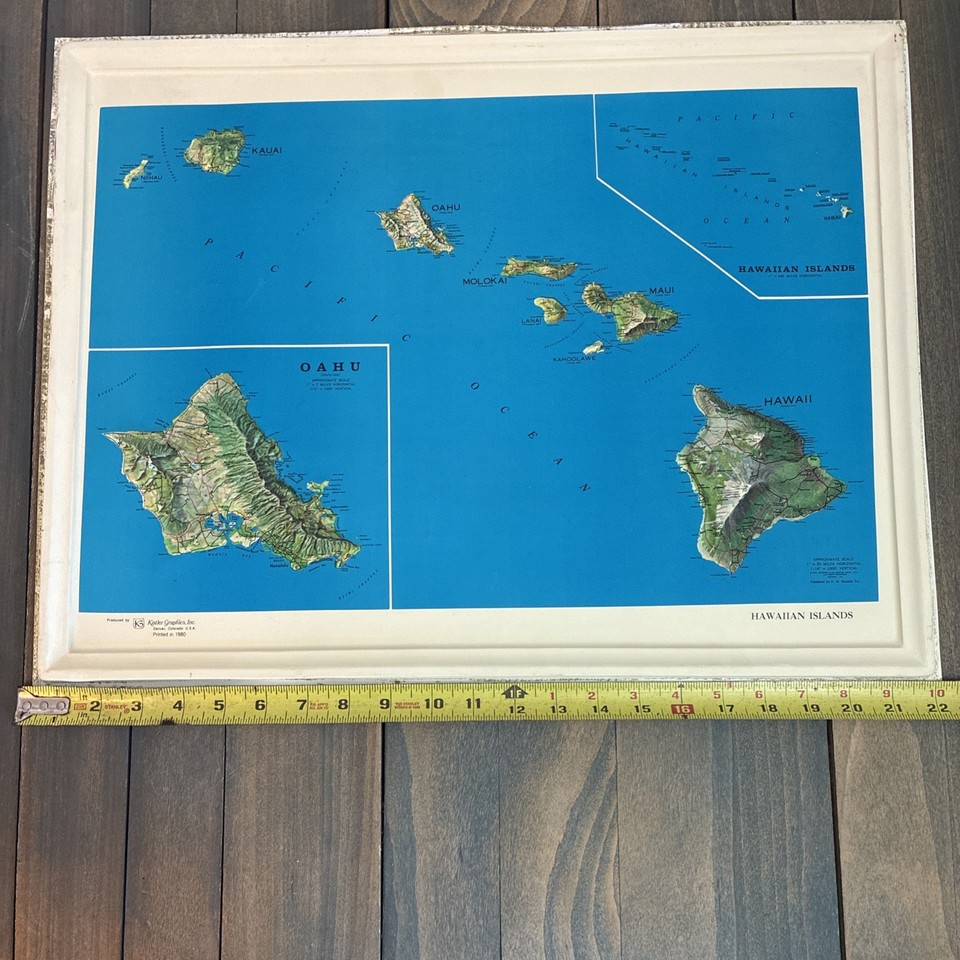 Vintage 1980 HAWAIIAN ISLANDS 3D Topographic Map Kistler Graphics 22” x ...
