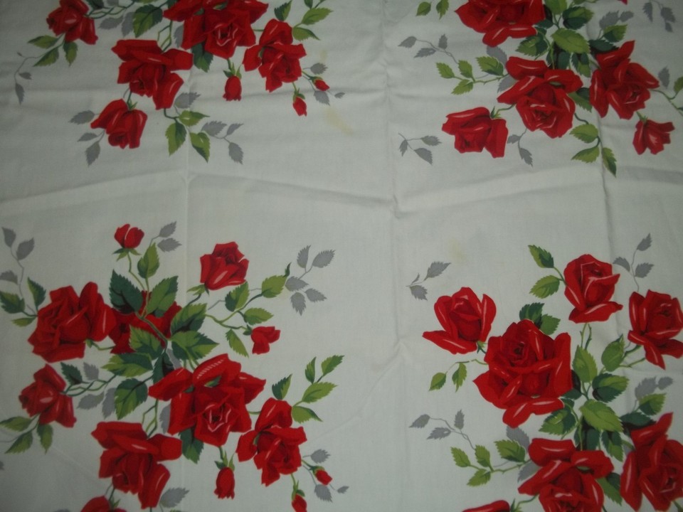 🌹 1940s-50s Vintage Wilendur 🌹 Red Rose 🌹 Tablecloth Cotton 69" X 56" 🌹 ...
