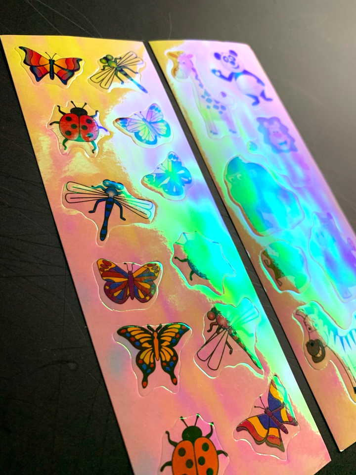 2 ZOO ANIMALS INSECTS BUGS BUTTERFLY VINTAGE sticker PEARLY IRIDESCENT FOIL HOLO | eBay