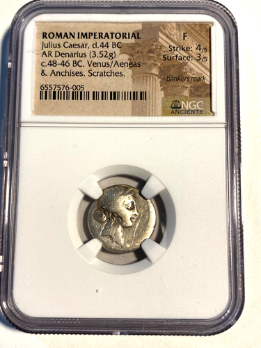 #A8095,Julius Caesar AR Silver Denarius Venus Aeneas Anchises NGC F ...