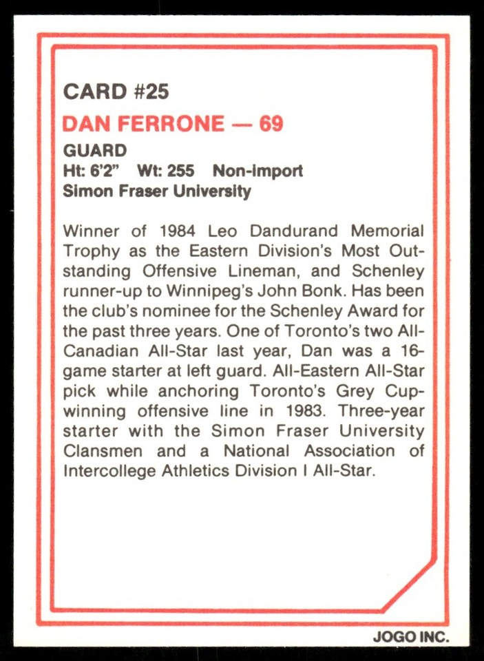 Dan Ferrone Toronto Argonauts #25 1985 JOGO Football Card | eBay