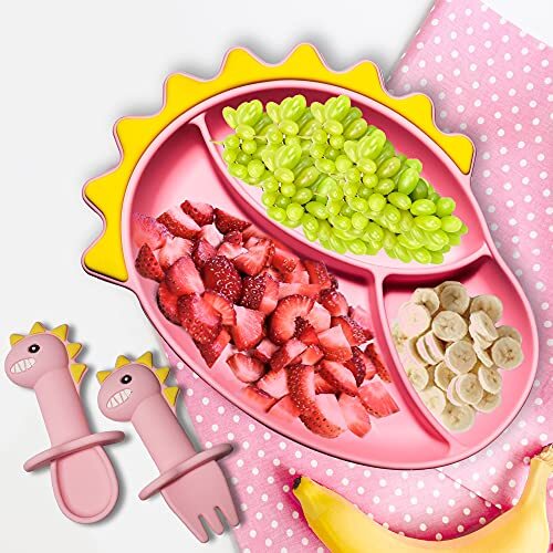 Silicone Suction Baby Plate With Spoon and Fork Dinosaur Baby Plate Set ...
