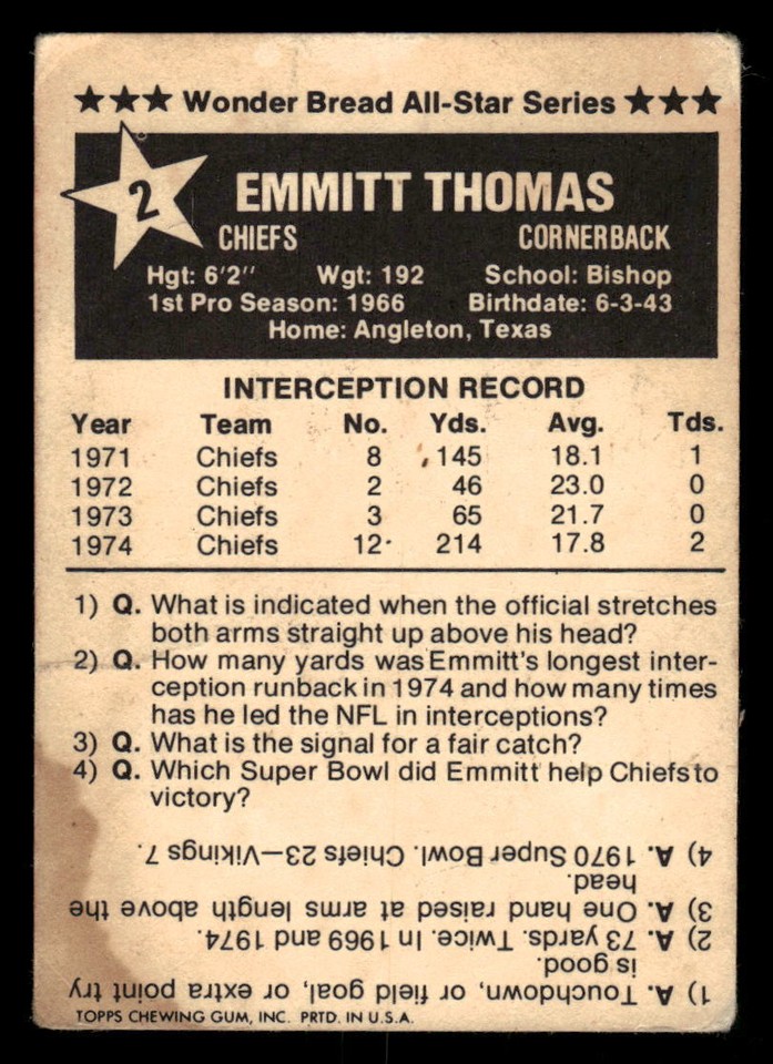 1975 Town Talk Bread #2 Emmitt Thomas | eBay