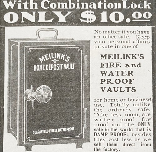 1903 MEILINK'S FIRE & WATER PROOF VAULT Vtg Print Ad~Combination Lock ...