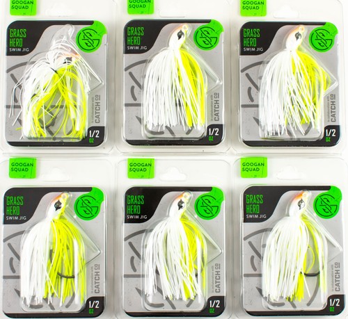 (LOT OF 6) GOOGAN SQUAD GRASS HERO SWIM JIG 5/0 1/2OZ CHARTREUSE WHITE ...