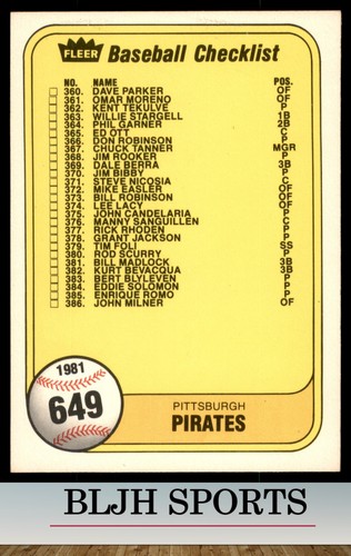 1981 Fleer #649 Checklist: Pirates / Indians CL Pittsburgh Pirates (4F4 ...