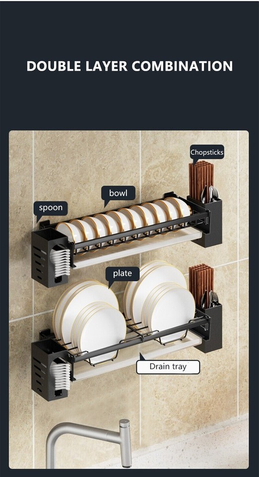 Kitchen Organizer Storage Shelf Dish Rack Wall-mounted Multifunction ...