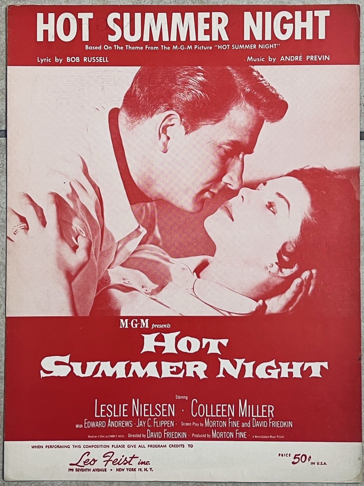 1957 crime film HOT SUMMER NIGHT sheet music LESLIE NIELSEN / COLLEEN ...
