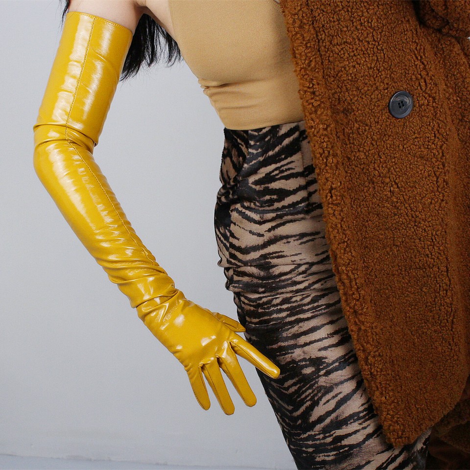 LATEX LONG GLOVES Shine Leather Faux Patent PU 20" 50cm Opera Ginger ...