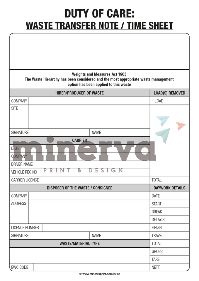 WASTE TRANSFER NOTE / DUTY OF CARE / TIME SHEET DUPLICATE PAD - STAY ...