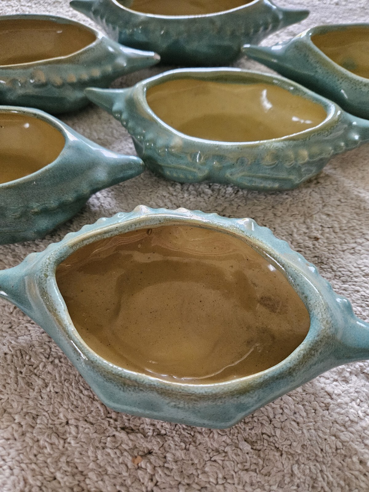 Vintage Pottery Crab Shell Dip Bowls Turquiose Yelliw Brysh McCoy Thick ...