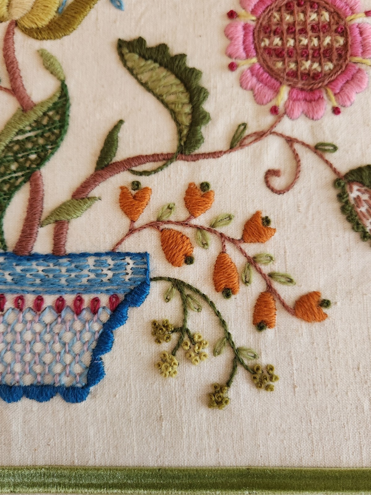 Vntg Hand Stitched Floral Crewel Embroidered Tapestry 15" X 19 1/2 ...