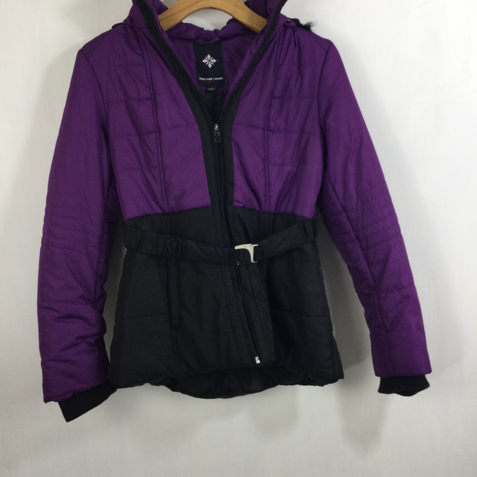 Weather Tamer Womens Full Zip Hooded Belted Jacket Purple Black Size ...