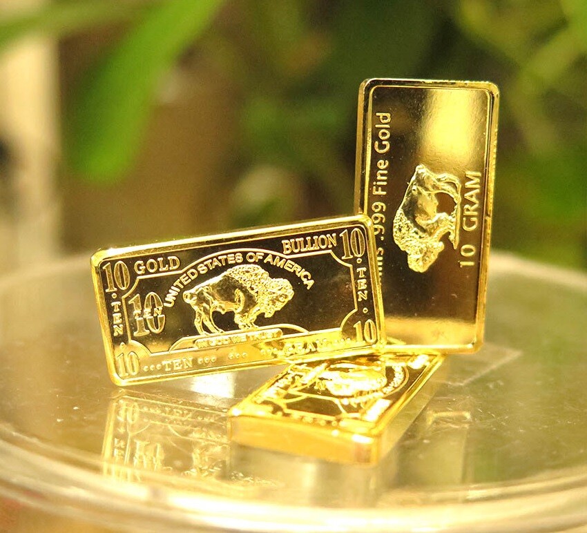 (10) 10 gram 10g USA American Buffalo 100 Mills 999 Fine Gold Plated ...