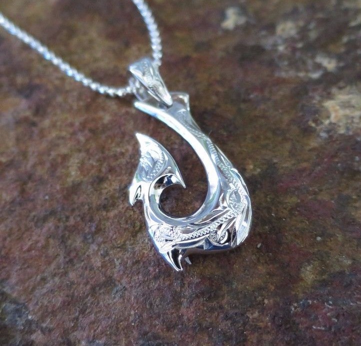 Scroll Fish Hook Hawaiian Jewelry 925 Sterling Silver Pendant Necklace ...