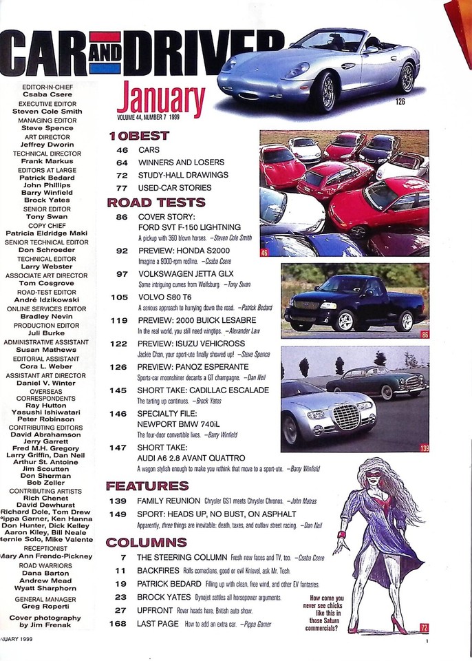Car and Driver Magazine January 1999 Ford SVT Pickup, Volvo S80, Honda ...