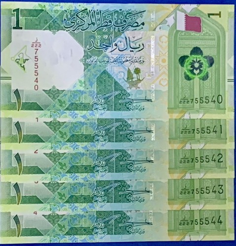 QATAR RIYAL (1) LOT OF 5 CONSECUTIVE NOTES UNC, NICE NUMBERS 2022 Issue ...