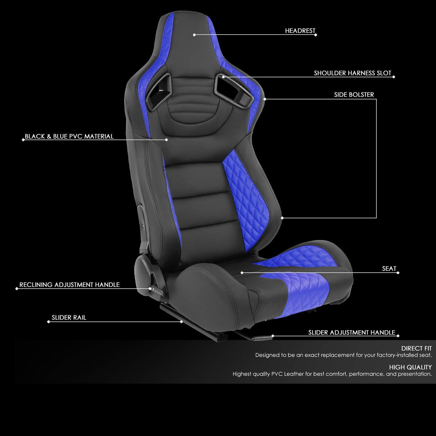 Pair Reclineable Blue Quilted Padded Section Vinyl Leather Bucket ...