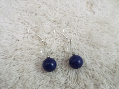 Silvertone Crystal & Navy Blue Riverstone Bead Pierced Earrings (F9) | eBay