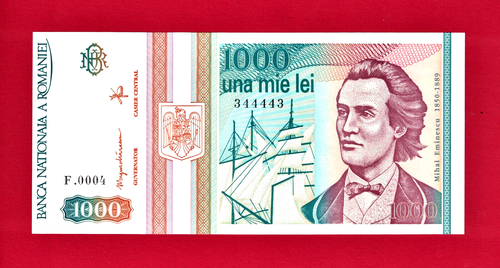 1000 Lei 1993 ROMANIA UNC NOTE (P-102a) Mihai Eminescu - Different ...