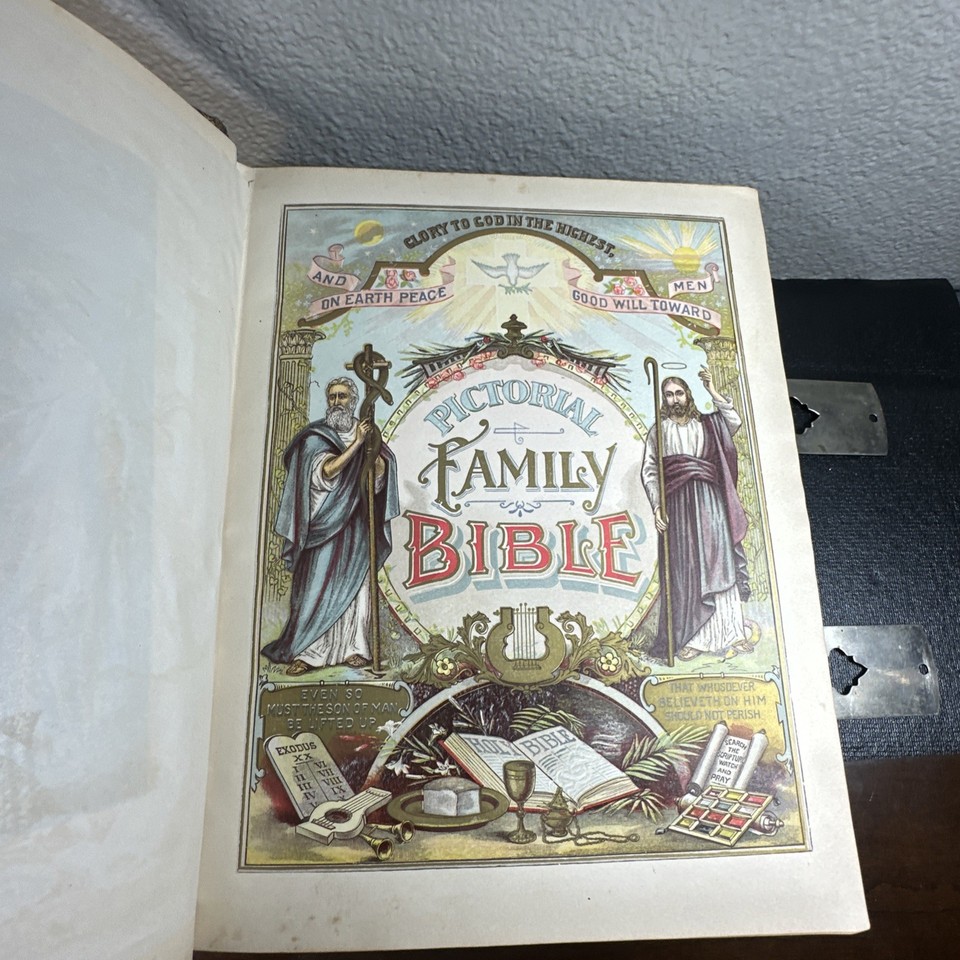1890 Parallel Family Bible w/Clasps Judges report Chromolithographs ...
