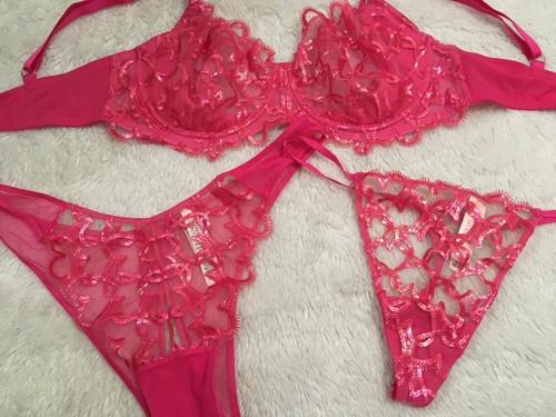 $124 VICTORIA'S SECRET 36DD Pink SHIMMER HEARTS BRA V-STRING BRAZILIAN ...