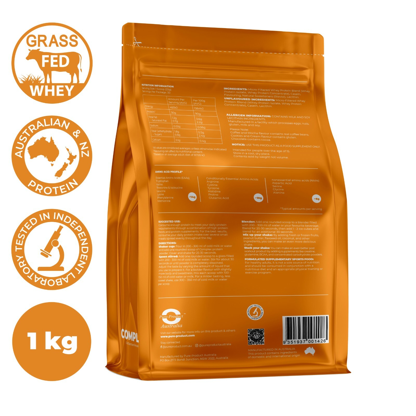 Pure Complete Whey Protein Blend WPI/WPC/Casein Powder - CHOCOLATE (1KG ...