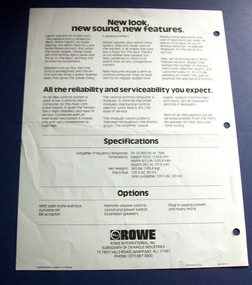 Rowe Tempo Disco Model R-84 Jukebox FLYER Original 1980 Phonograph ...