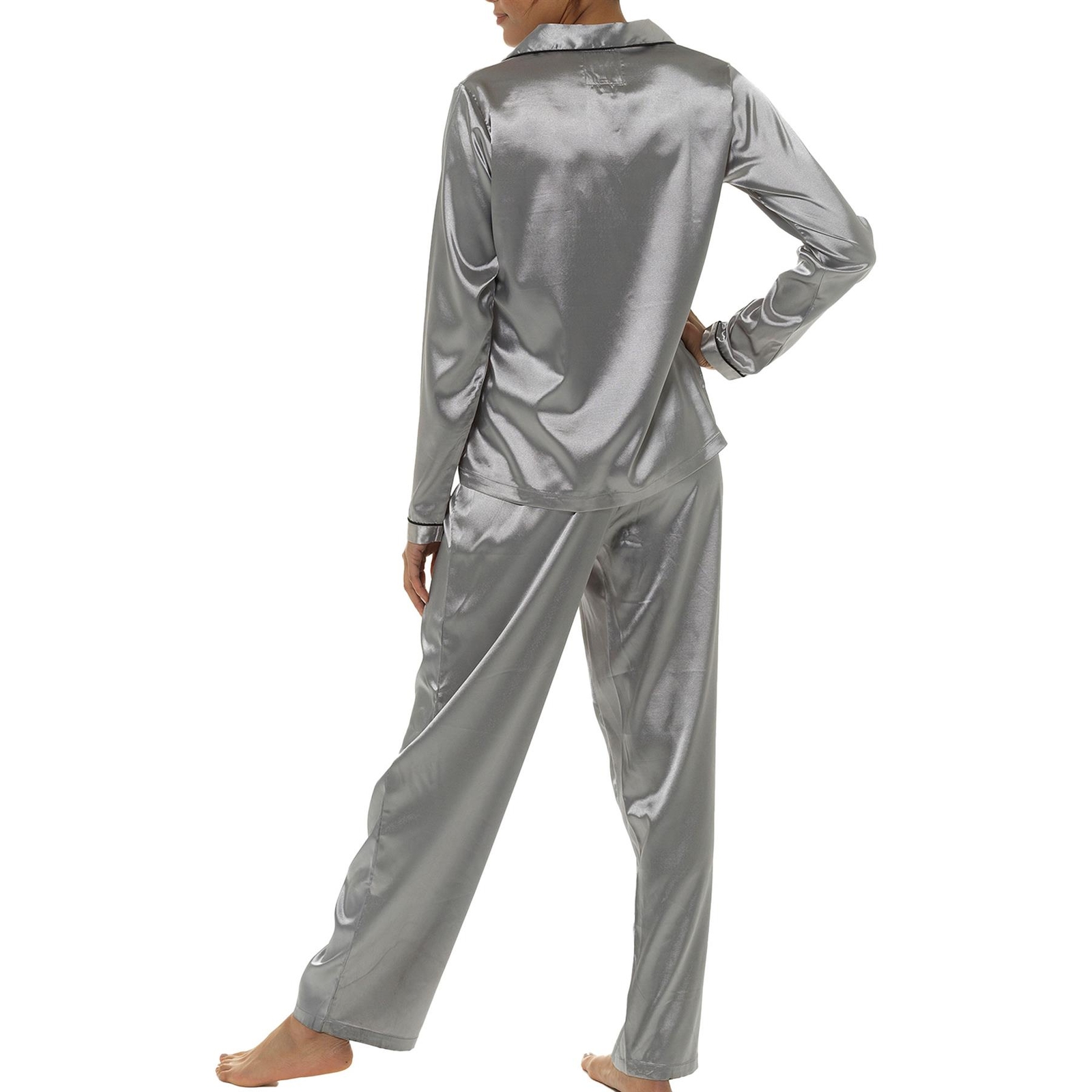 A2Z Ladies Silk Satin Pyjamas Button Top Bottom Silver Sleepwear Bride ...