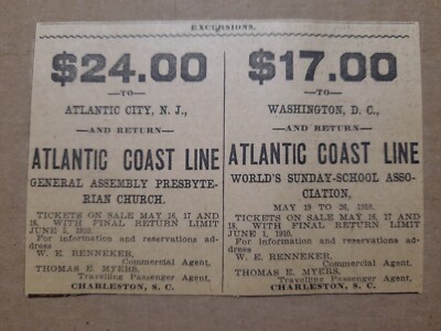 1910 Atlantic Coast Line Railroad Newspaper Ad Atlantic City Washington ...