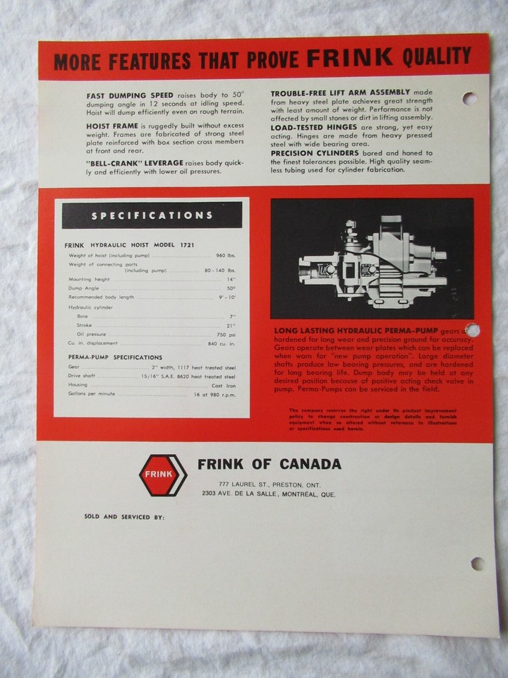 Frink 16 Twin Arm Hoists Snow Plow Snowplow Removal Specification Sheet ...